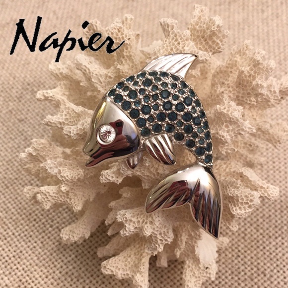 Vintage | Jewelry | Vintage Napier Blue Rhinestone Fish Pin Silvertone ...